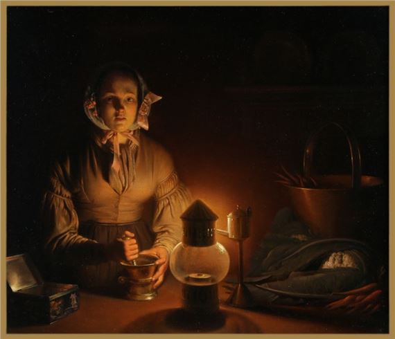 Petrus Van Schendel | Young Vegetable Seller with Mortar by Candlelight ...