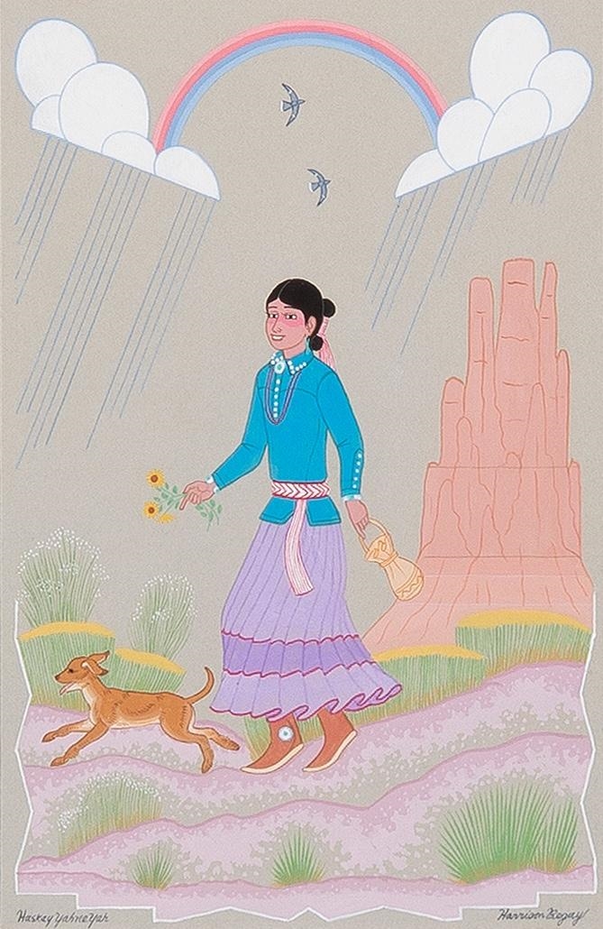 Harrison Begay | Navajo Girl and Her Dog, ca. 1960 (Circa 1960) | MutualArt