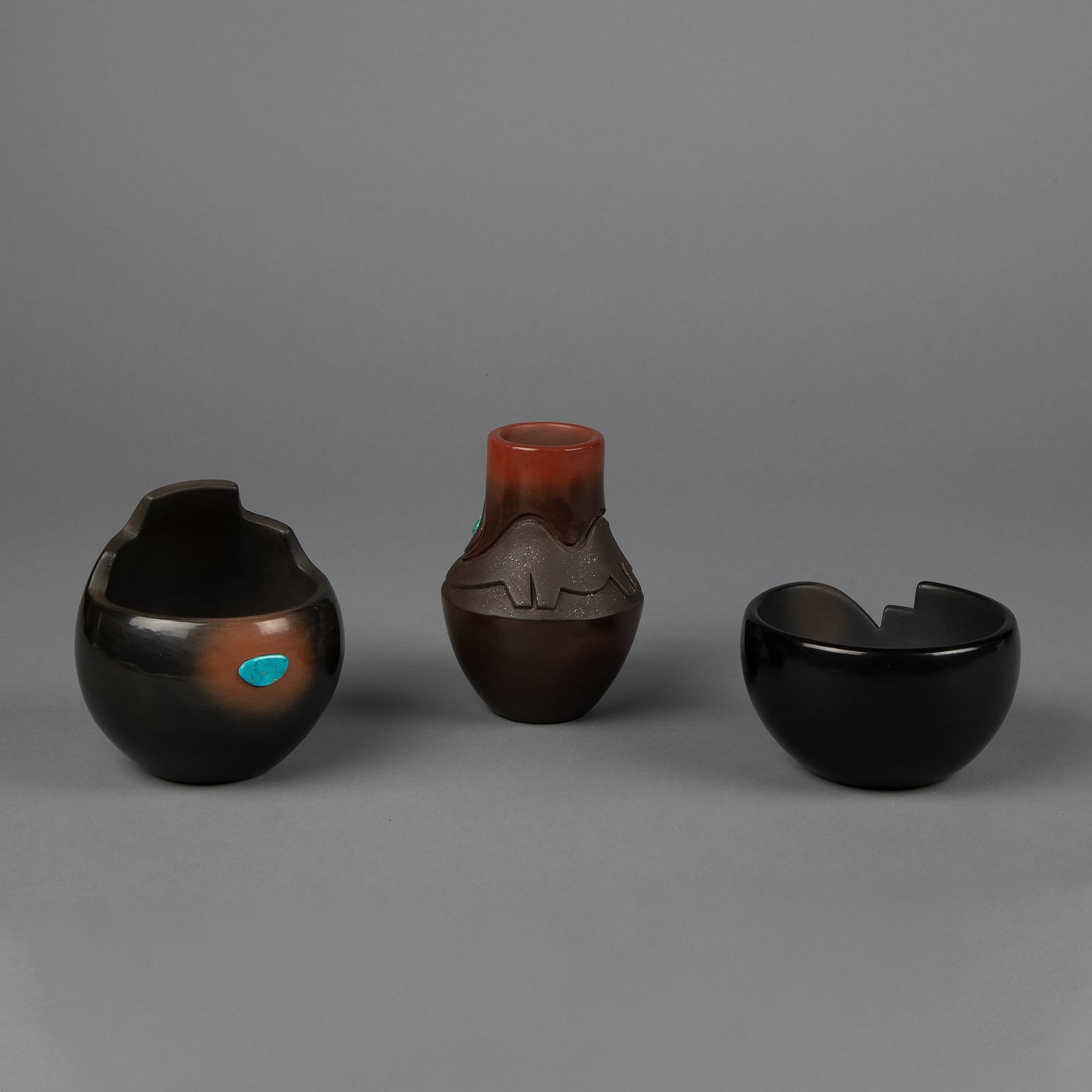 Dora Tse Pe | Group of Three Two-Tone Pots with Turquoise Inlays | MutualArt