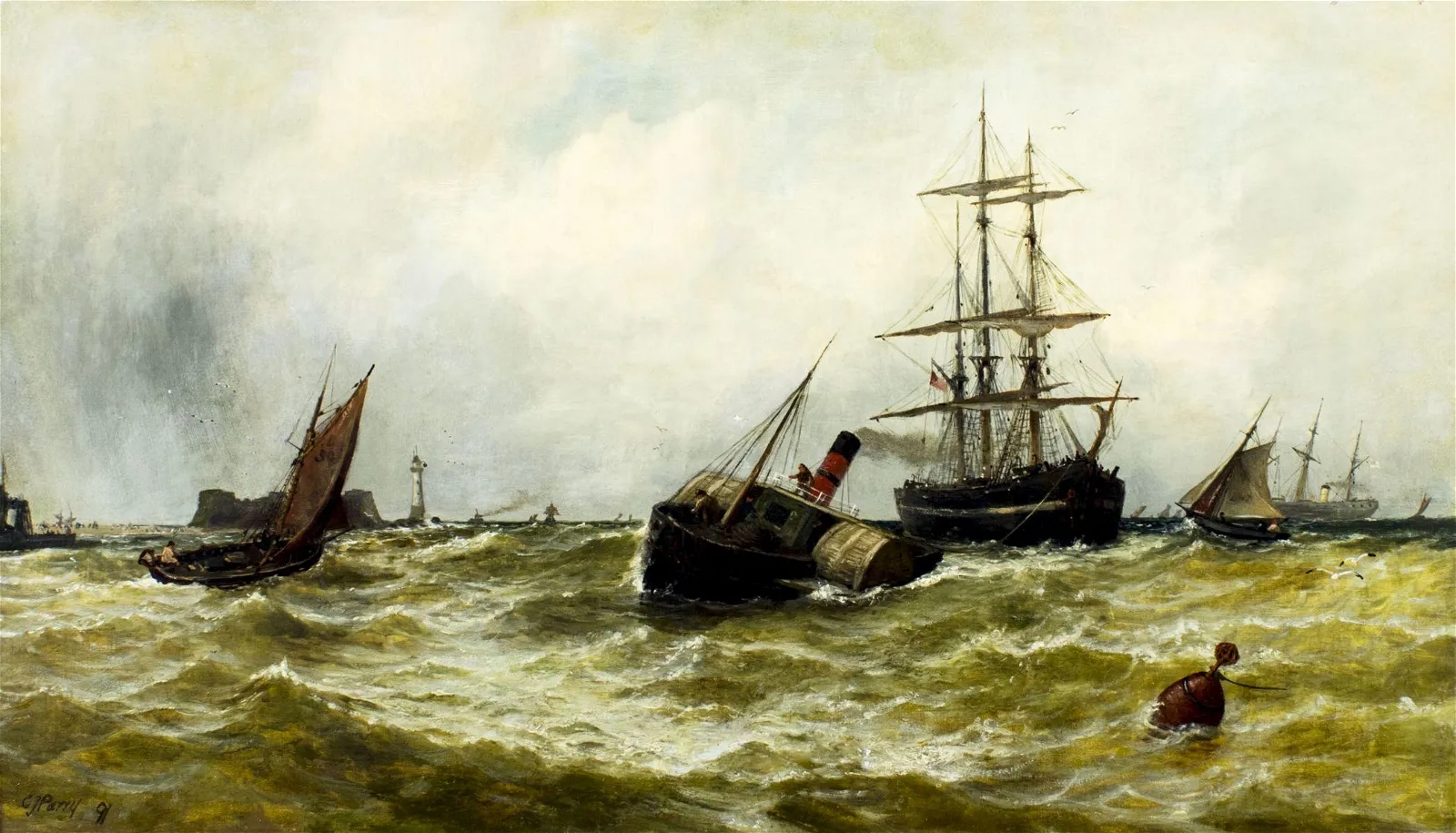Charles James Parry | Seascape with Sail Ship and Fishing Boats (1891 ...