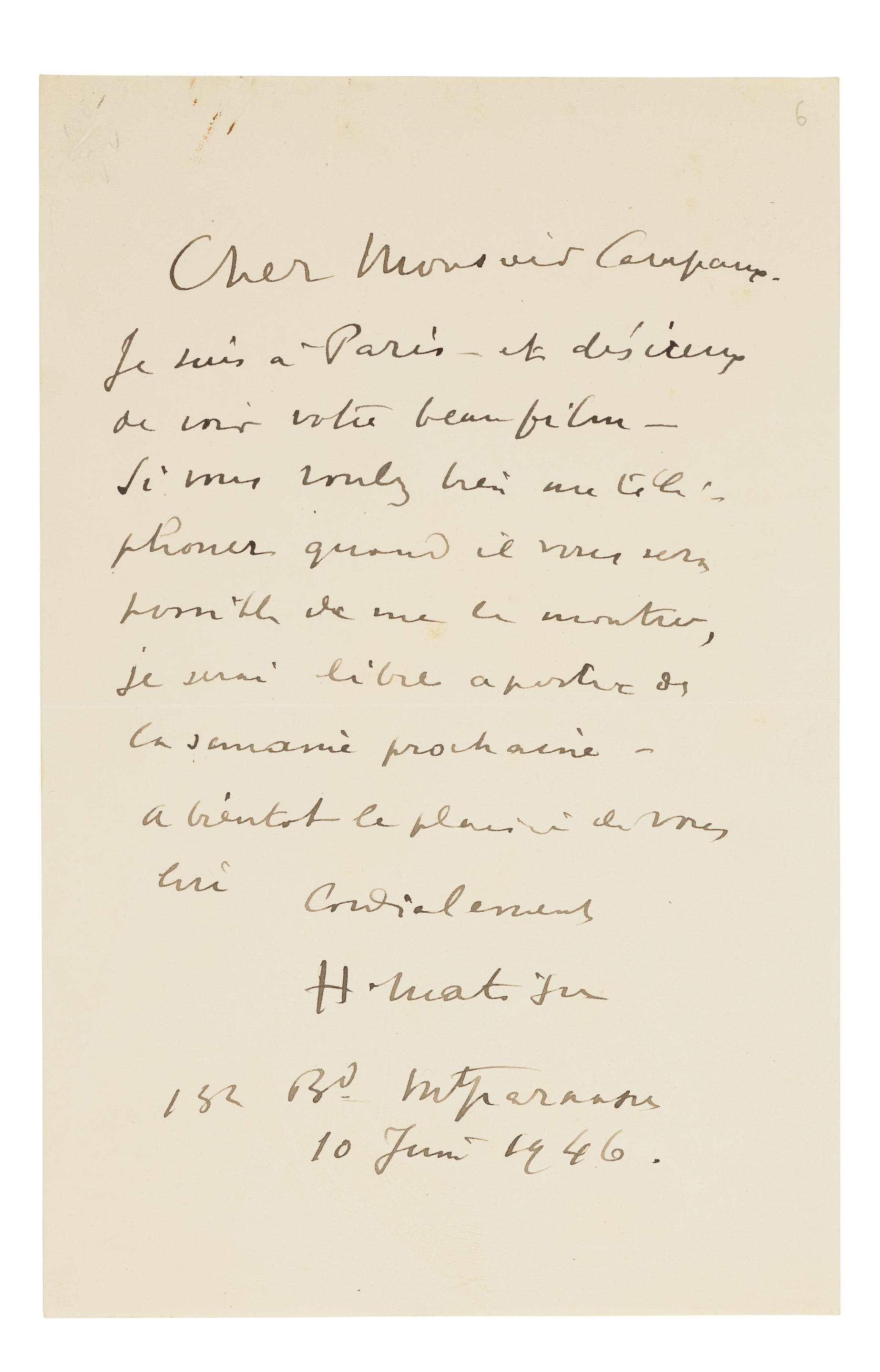 Henri Matisse | Autograph Letter Signed (H. Matisse), in French, to ...