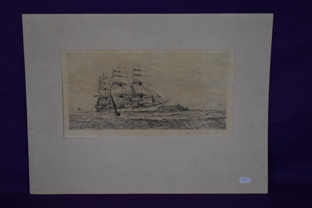 Rowland Langmaid | A view of a tall ship with lighthouse beyond | MutualArt