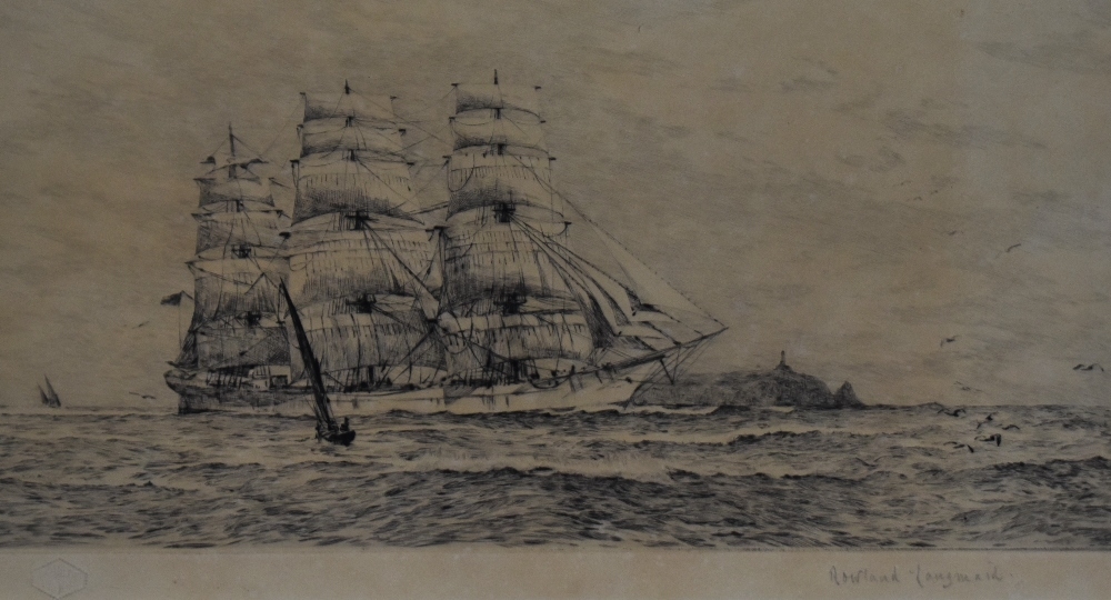 Rowland Langmaid | A view of a tall ship with lighthouse beyond | MutualArt