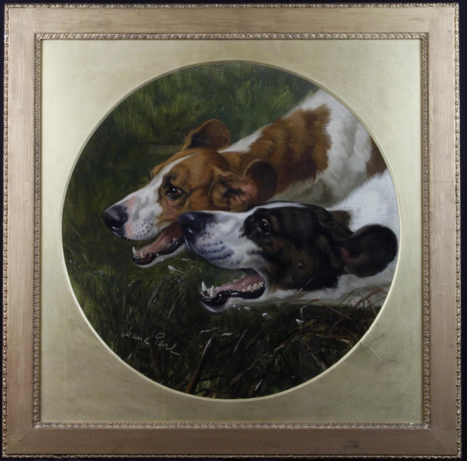 Maud Alice Earl | Head study of a pair of Foxhounds in full chase ...