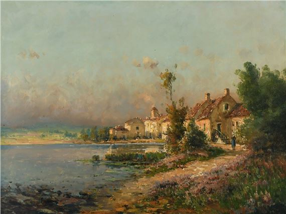 Antoine Bouvard | Landscape with houses by a lake (1870) | MutualArt