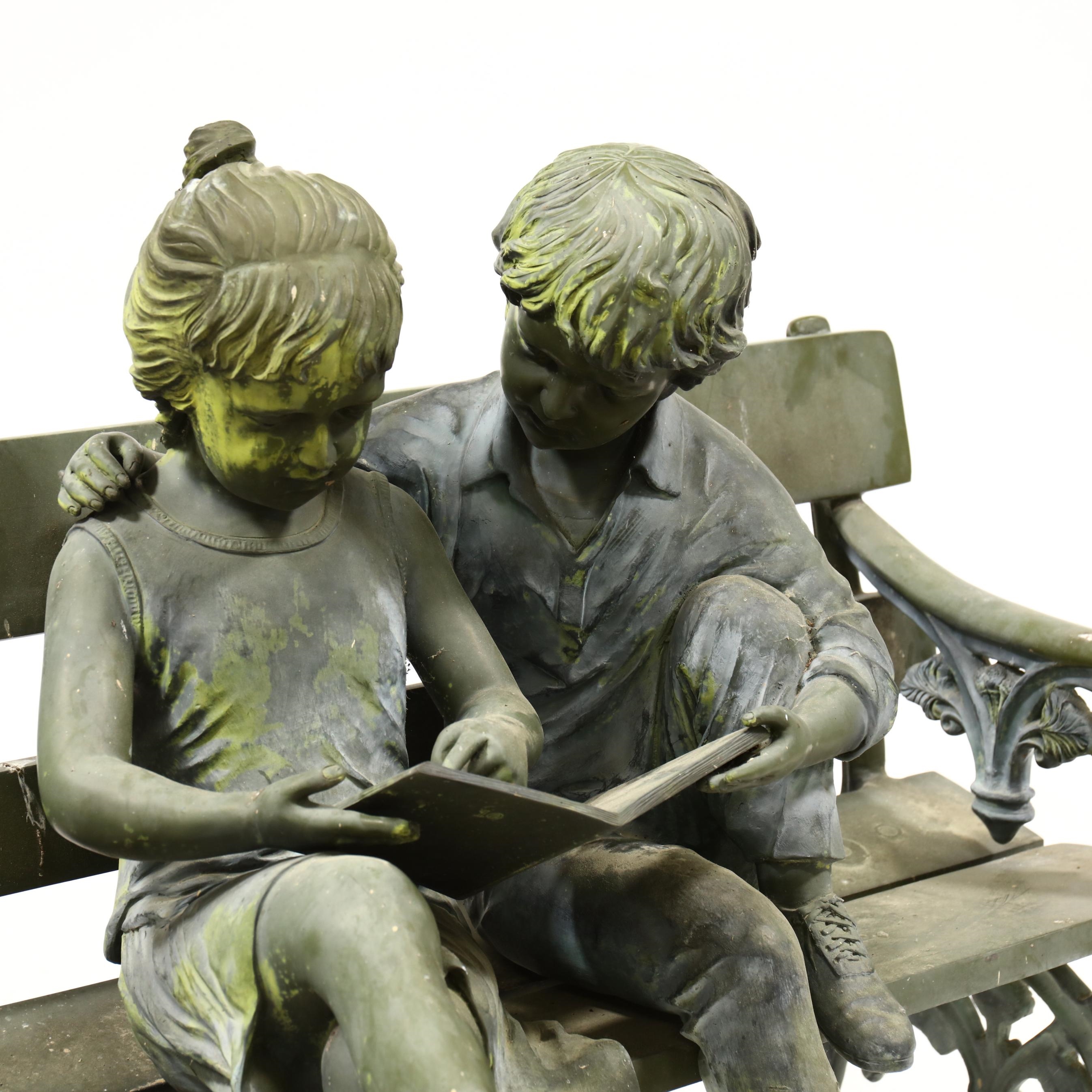 Max Turner | Life-Size Bronze of Children on a Park Bench (Late 20th ...