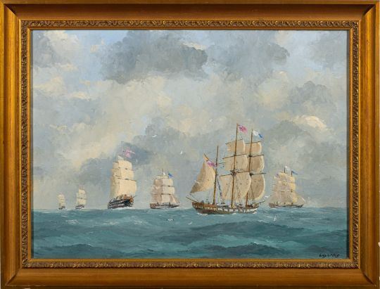Hugh Edward Ridge | A fleet of sailing vessels at sea | MutualArt