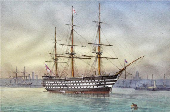 William Frederick Mitchell | A three deck Naval ship in harbour | MutualArt