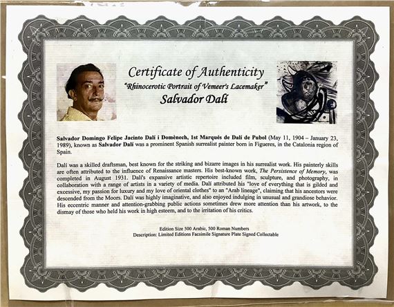 Salvador Dalí | Rhinocerotic Portrait of Vemeer’s Lacemaker | MutualArt