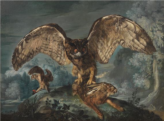 German School, 18th Century | Royal owls with a hare and a cockerel in ...