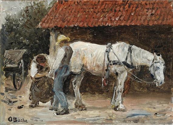 Otto Bache | A horse getting shoes at the blacksmith | MutualArt