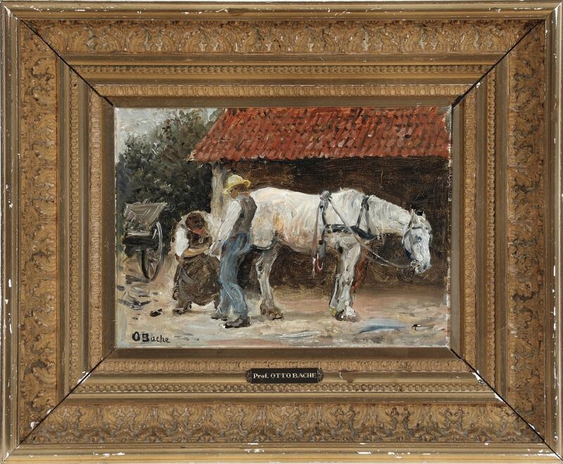 Otto Bache | A horse getting shoes at the blacksmith | MutualArt