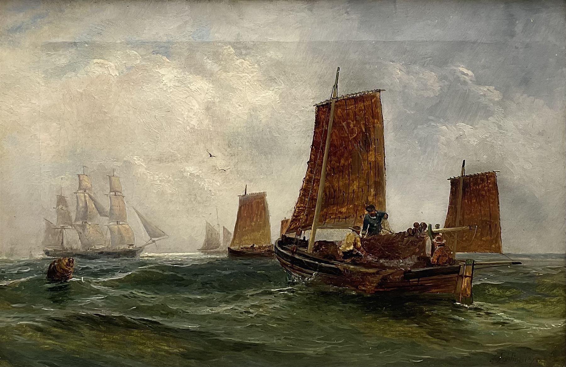 Robert Jobling | Berwick Fishing Boats at Sea with Tall Masted Ship in ...