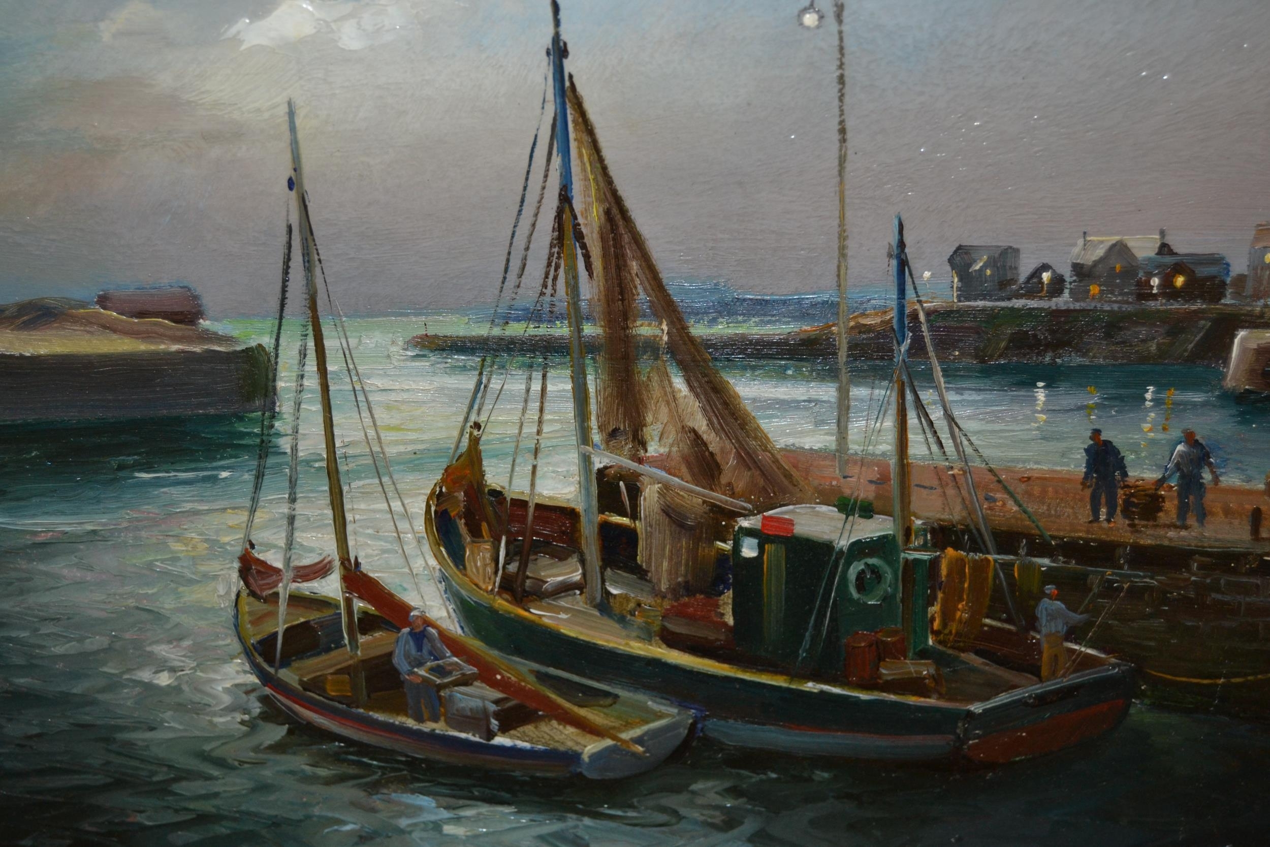 YVON DIEULAFE | Harbour scene st dusk with figures unloading boats ...