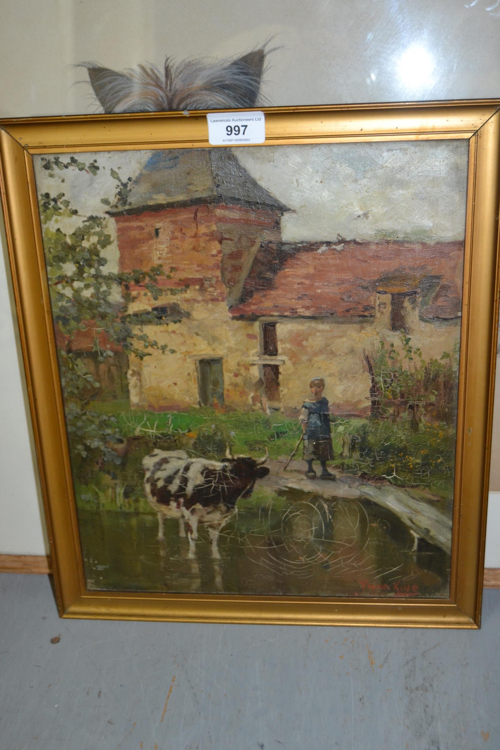 John Henry Yeend King | Farmyard scene with girl and a cow | MutualArt