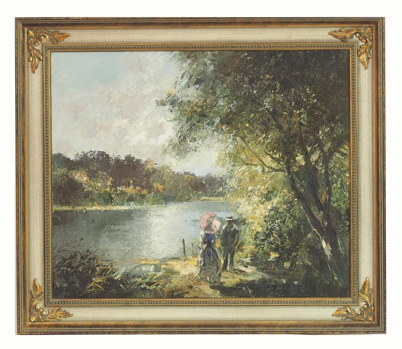 Hans Becker | Summer landscape with walkers at the forested lake/pond ...