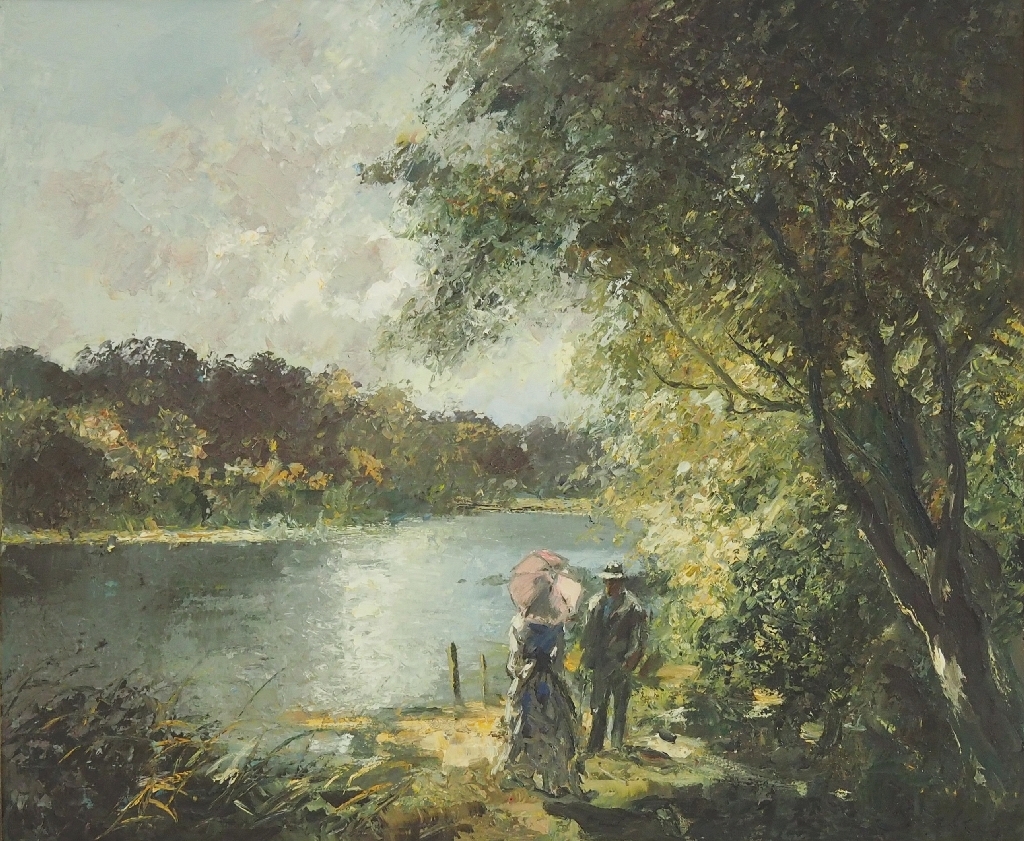Hans Becker | Summer landscape with walkers at the forested lake/pond ...