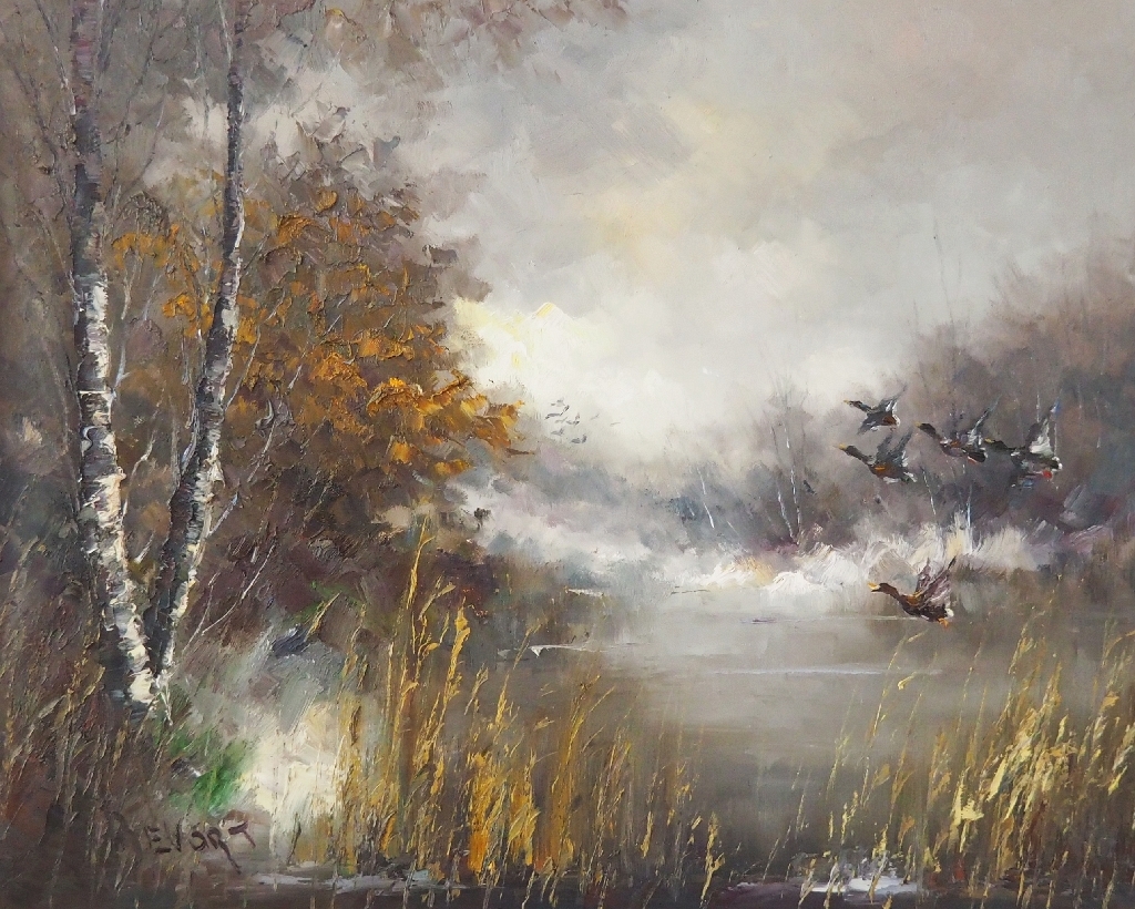 Jan Bévort | Late autumn landscape with pond and soaring ducks | MutualArt