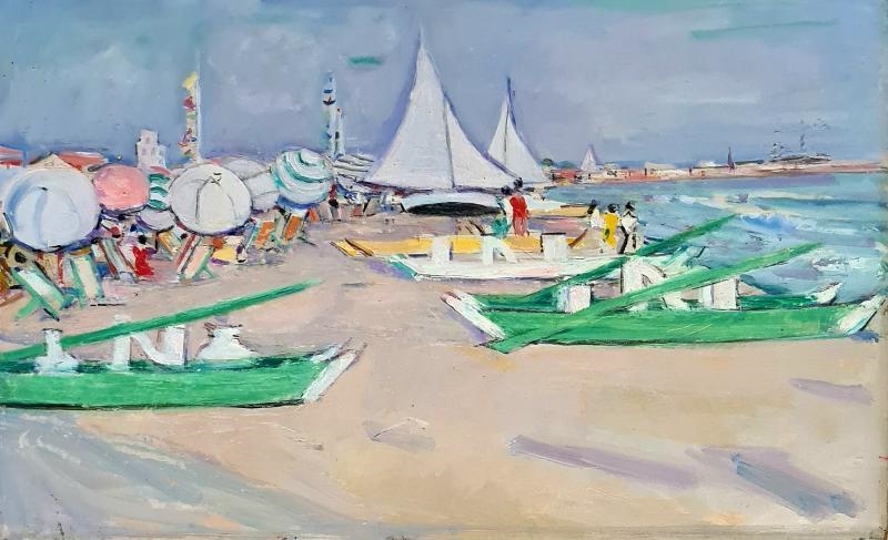Moses Levy | Spiaggia di Viareggio con barche e ombrelloni (1954 ...