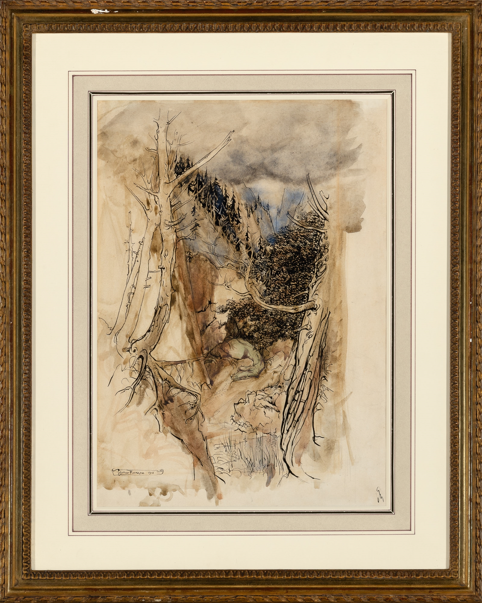 Arthur Rackham | There as a dread dragon he sojourns and in a cave ...