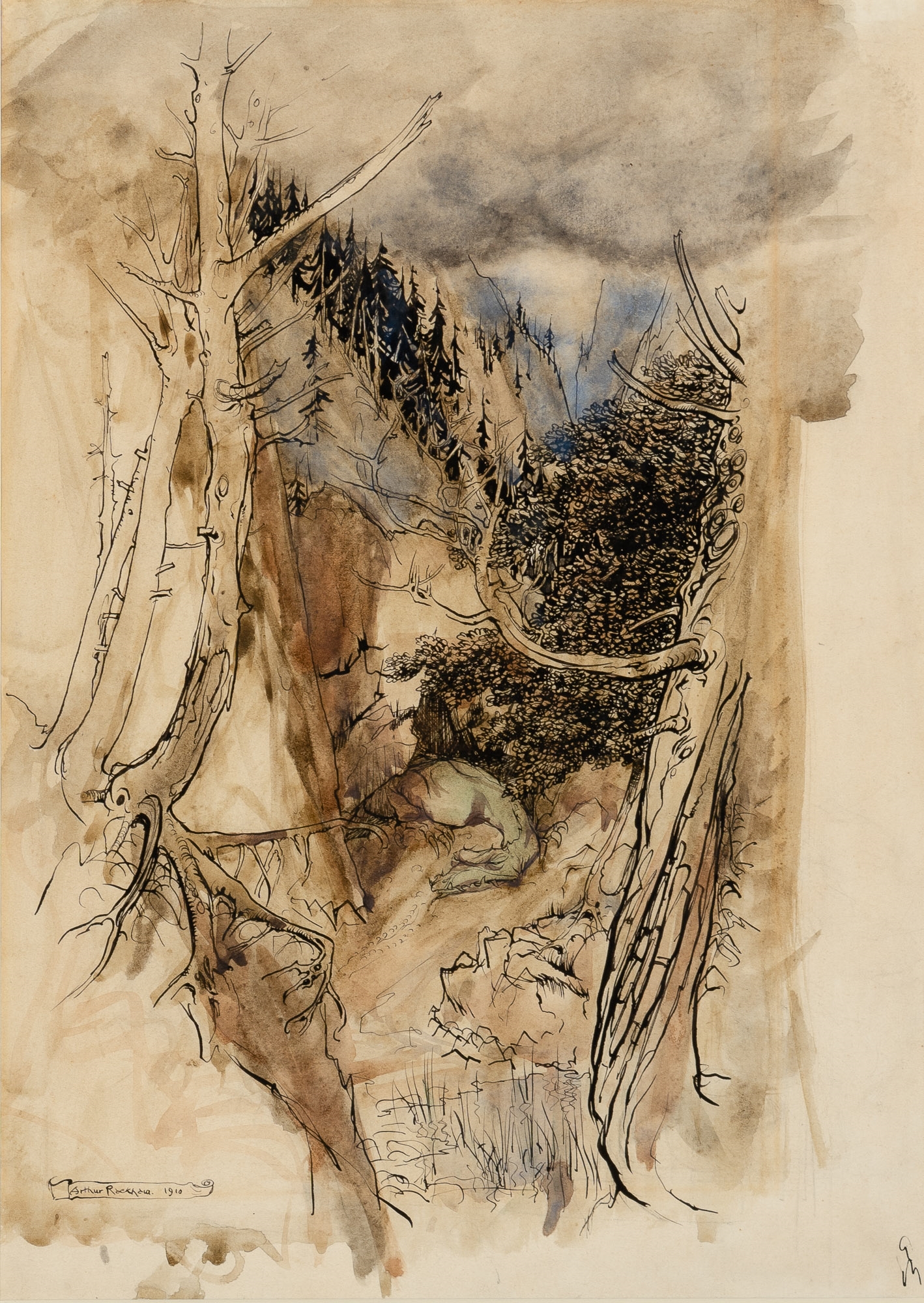 Arthur Rackham | There as a dread dragon he sojourns and in a cave ...