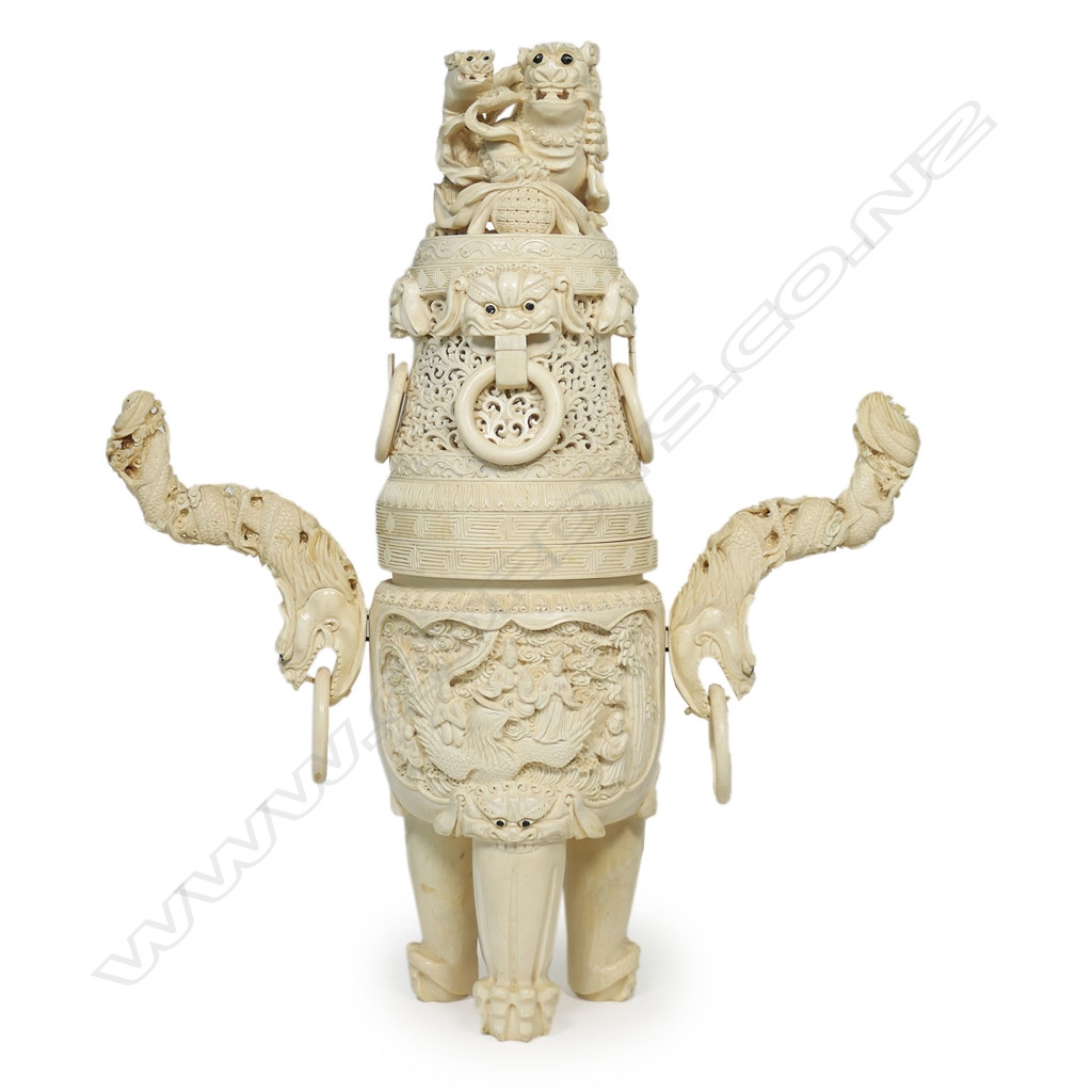 Chinese School | A large Chinese carved ivory three section tower ...