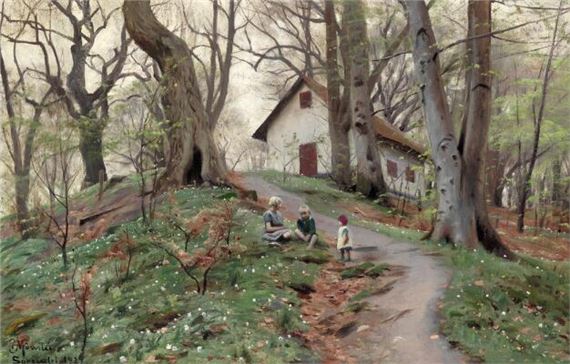 Peder Mork Monsted | View from Sorgenfri with children by a forest path on a spring day (1929 ...