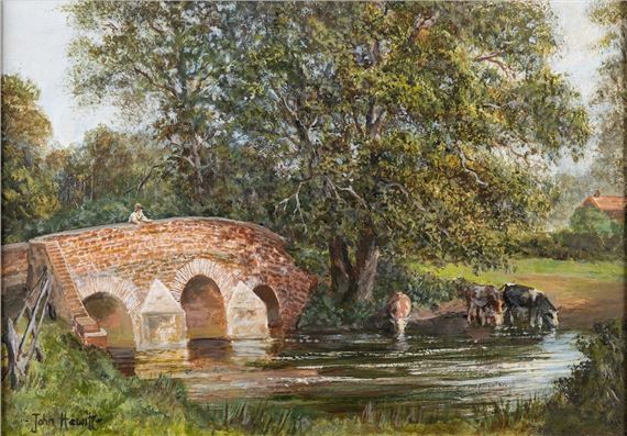 John Hewitt | A river landscape with a bridge and cattle watering ...