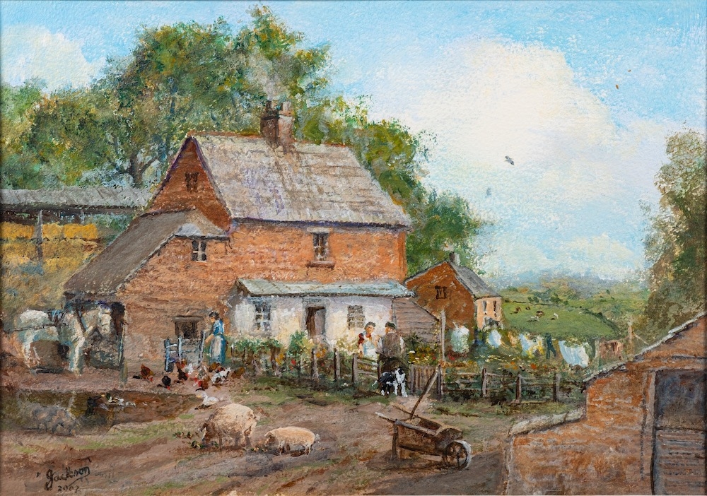 John Hewitt | A river landscape with a bridge and cattle watering ...