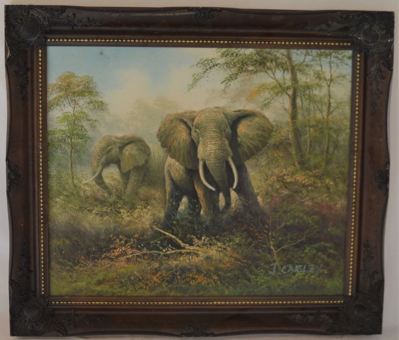 J. Carley | Framed oil on board depicting elephants by J Carley. Frame ...
