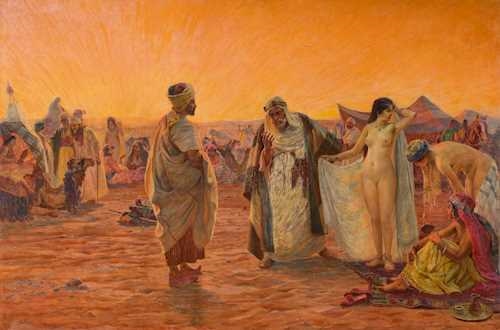 Otto Pilny | Sale of slaves in the desert at sunset | MutualArt