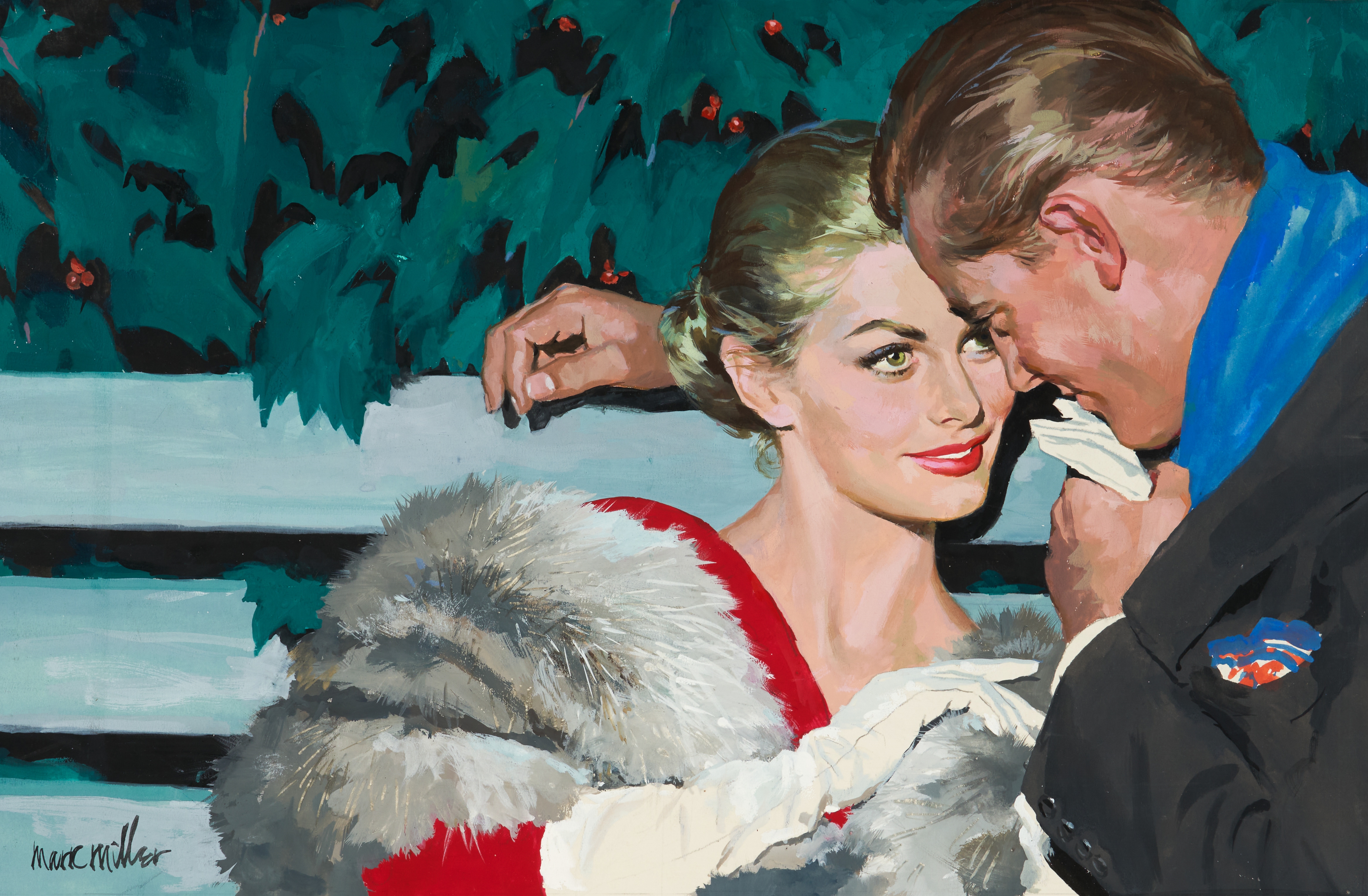Mark Miller | couple on a park bench in front of holly bushes | MutualArt