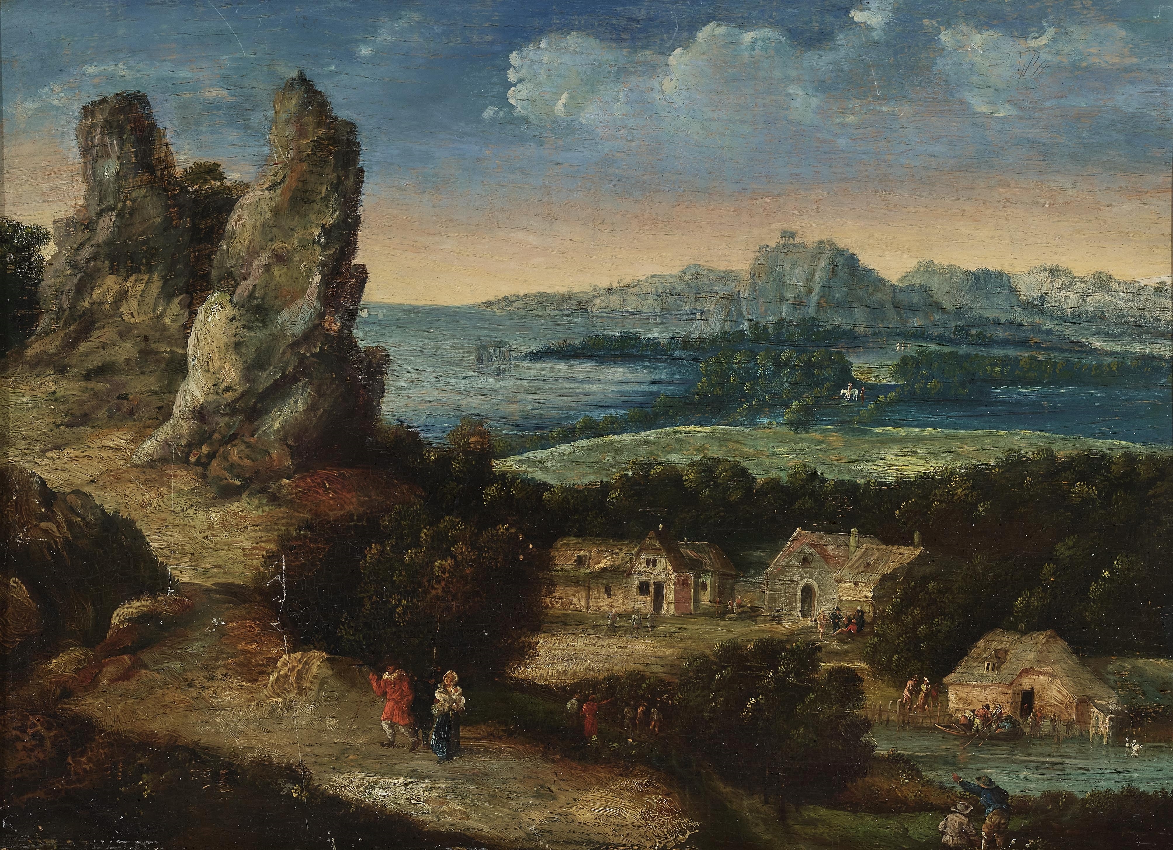 Joachim Patinir | Extensive rocky landscape with farmhouses and figures ...
