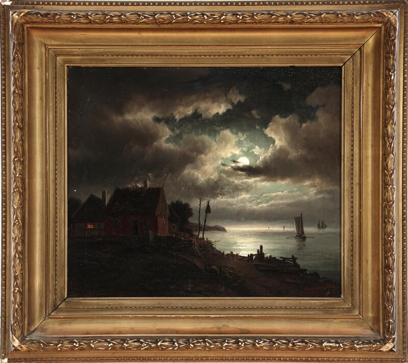 Carl Ludwig Bille | Coastal view in moonlight (1878) | MutualArt