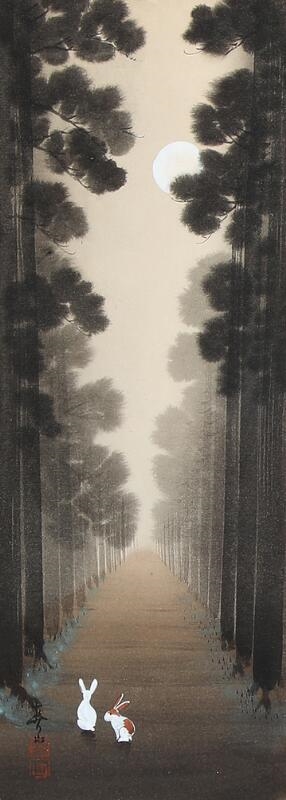 Miki Suizan | Two rabbits sitting under a full moon | MutualArt