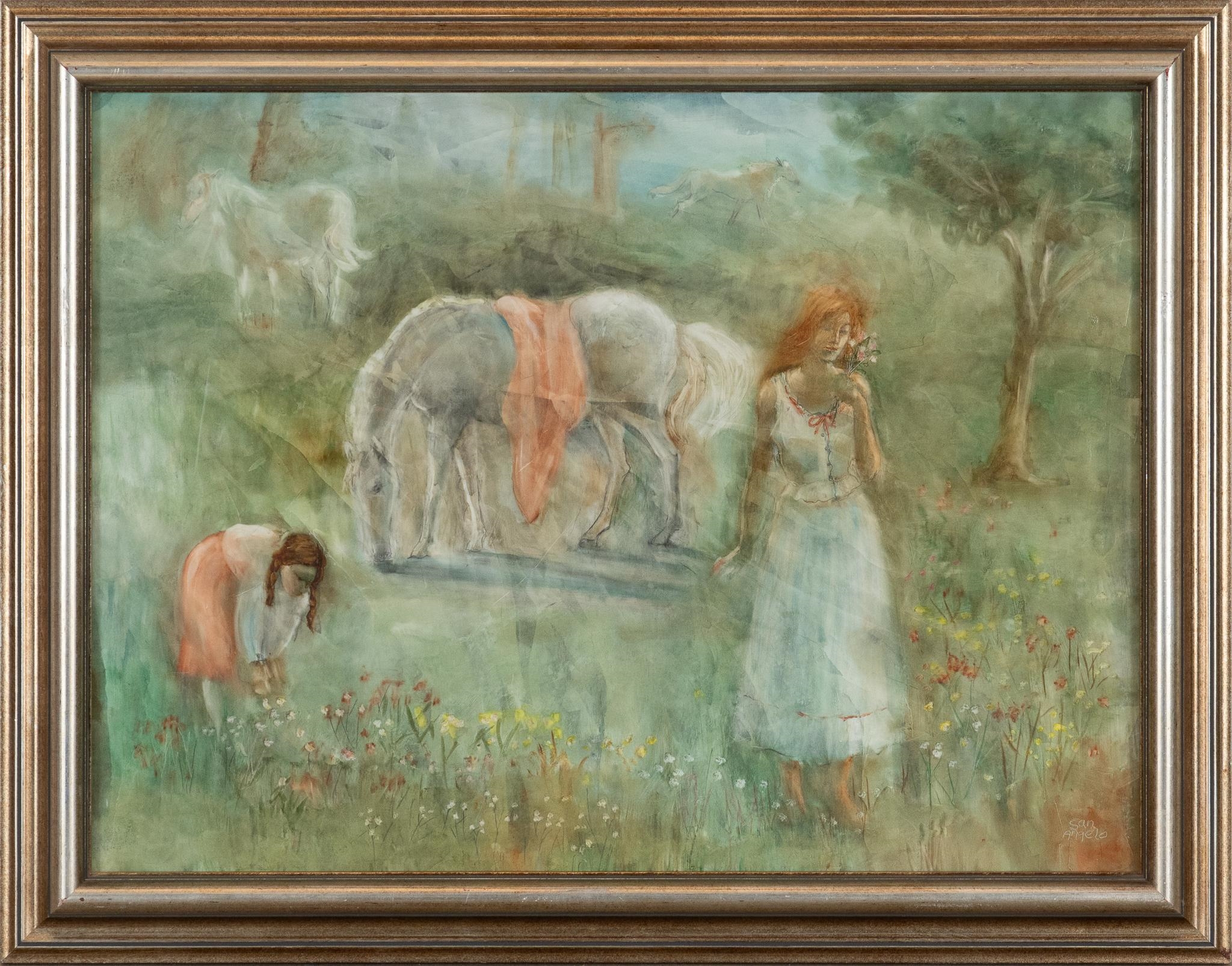 Mary San Angelo | Women and white horses in the garden | MutualArt