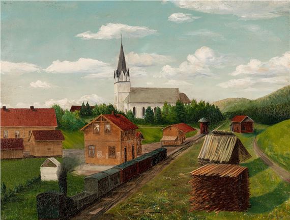 Den Sorte Skole | Landskap med jernbane og kirke | MutualArt