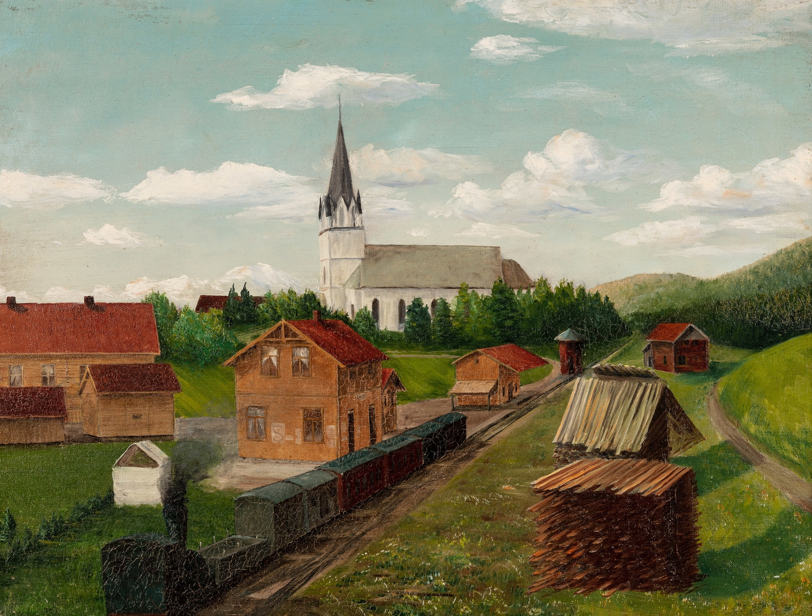 Den Sorte Skole | Landskap med jernbane og kirke | MutualArt