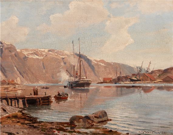 Nils Hansteen | Kystlandskap.med dampbåt og folkeliv (1891) | MutualArt