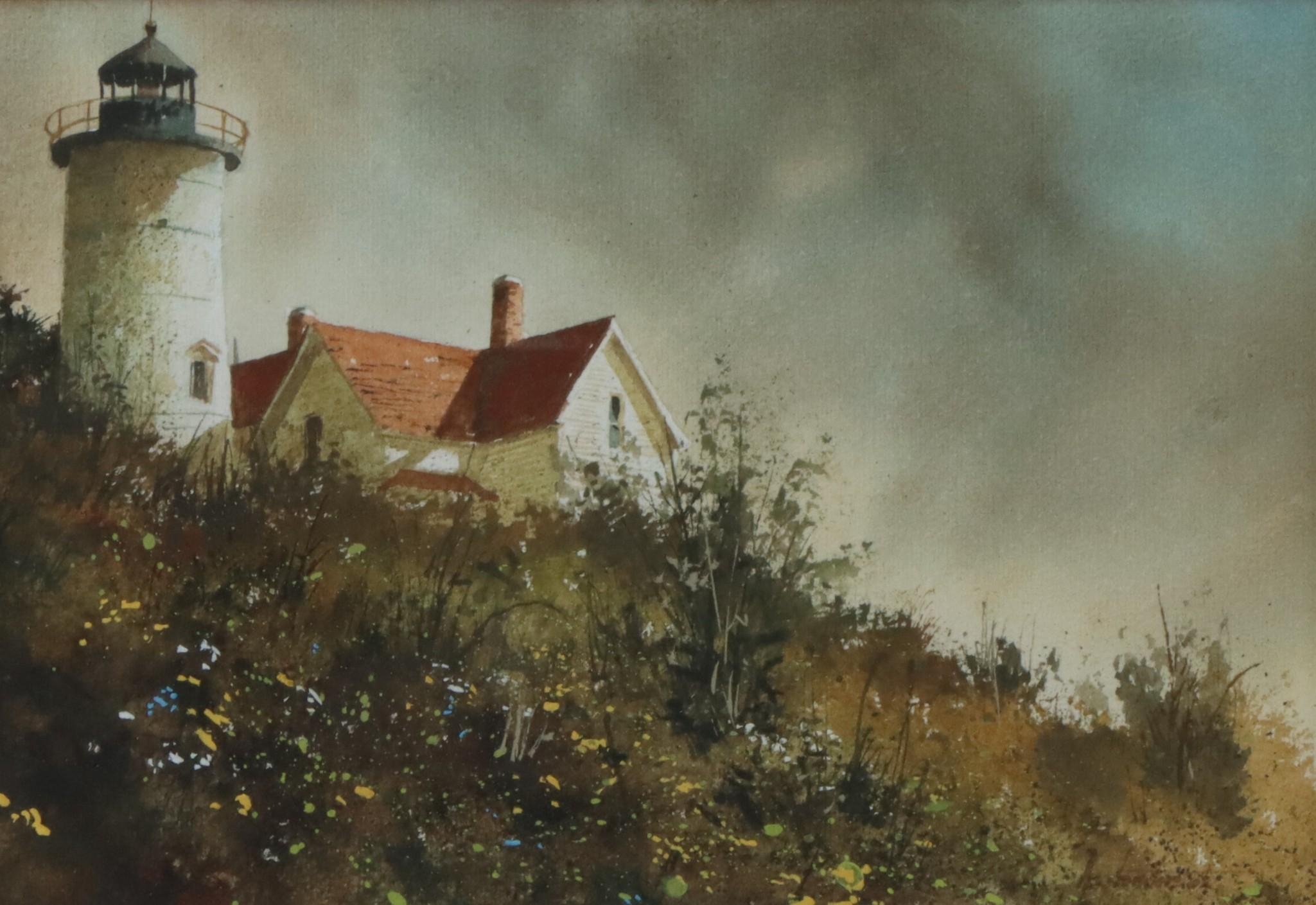 Ray Hendershot | View of a lighthouse and cottage from below | MutualArt