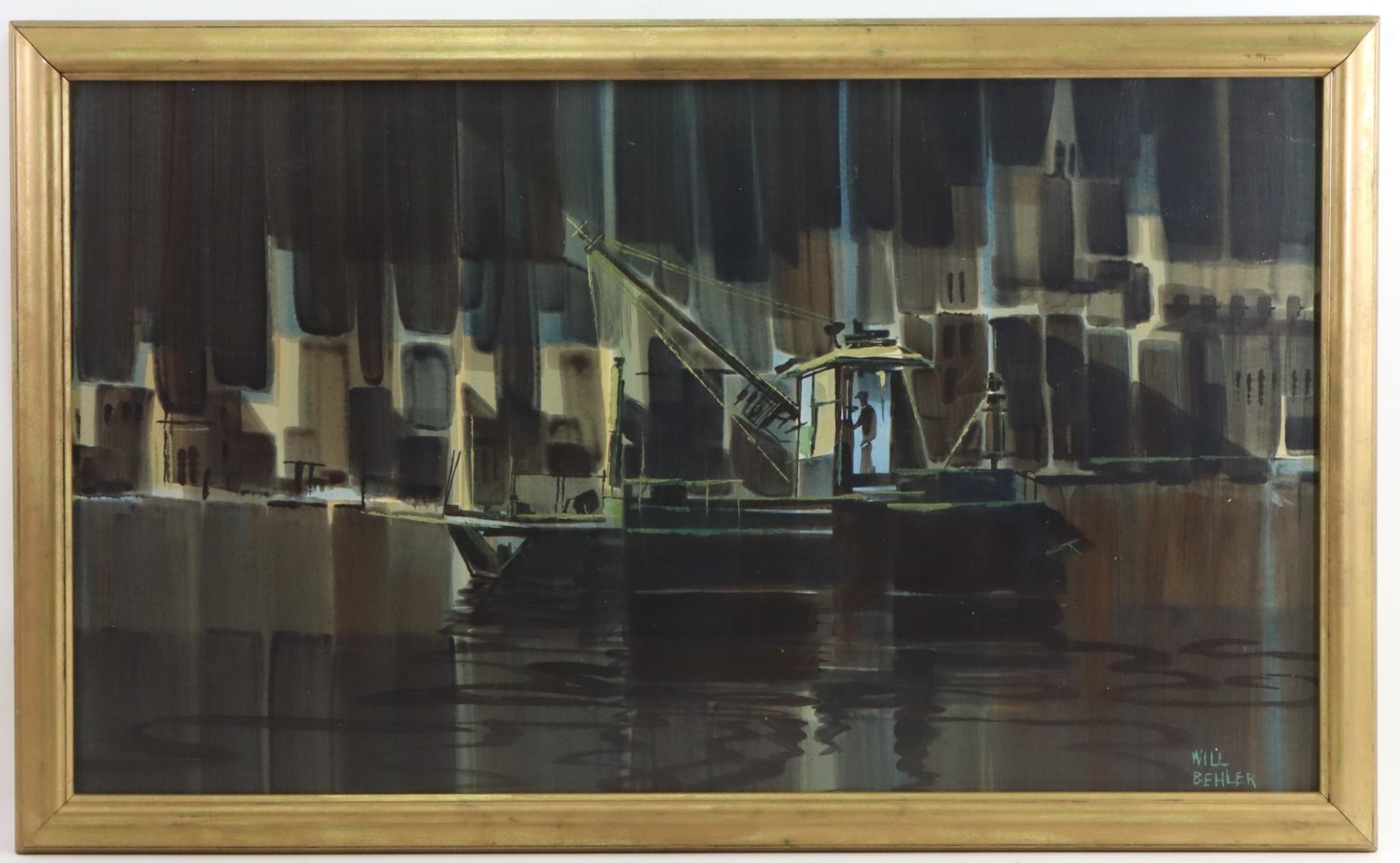 Wilmer G. Behler | Modernist landscape of a barge | MutualArt