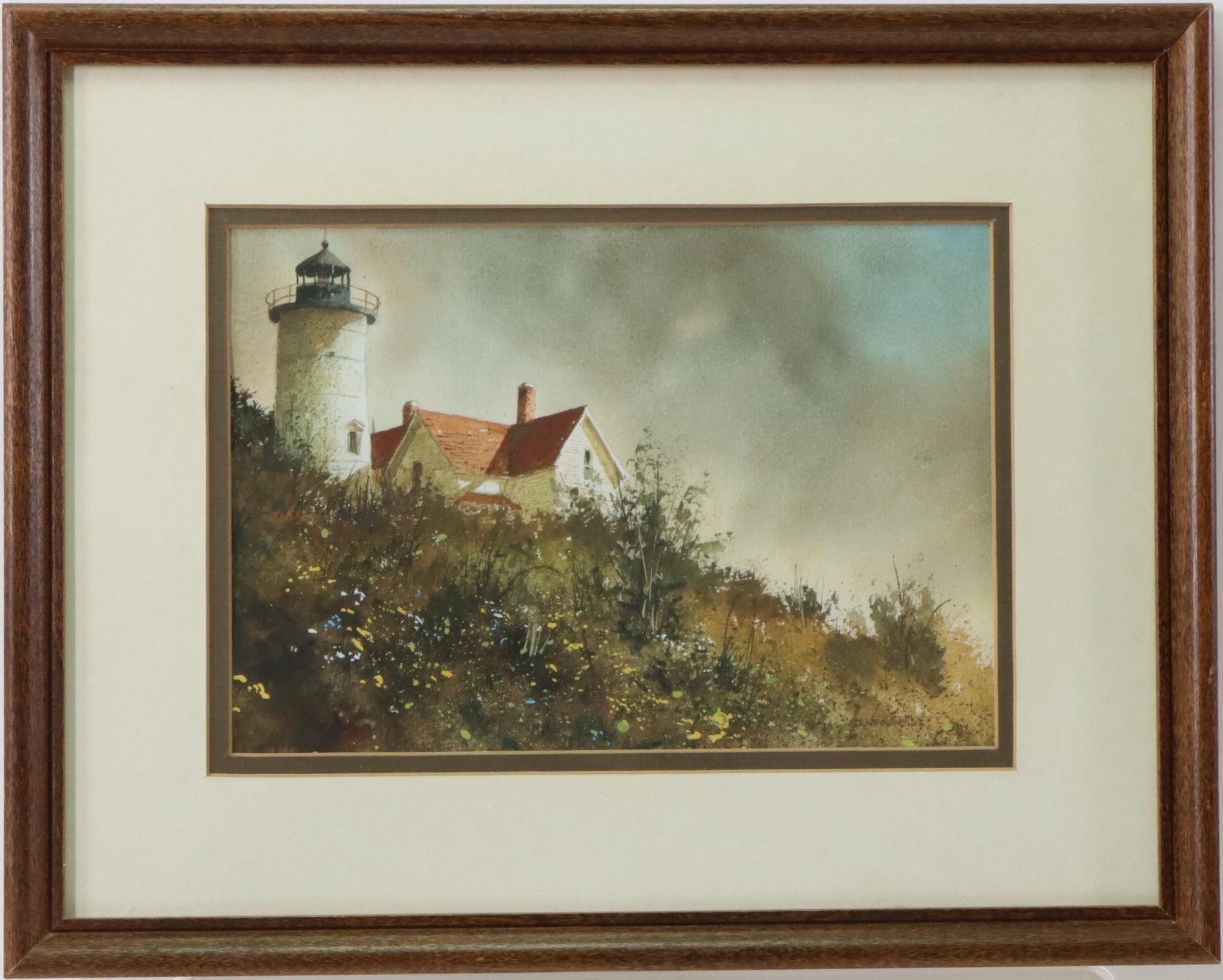 Ray Hendershot | View of a lighthouse and cottage from below | MutualArt