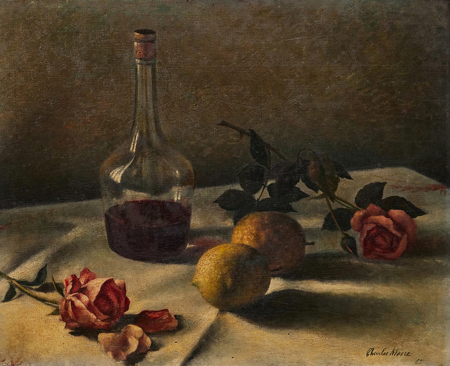Charles Meere | Still Life with Red Wine, Lemon and Roses (1957 ...