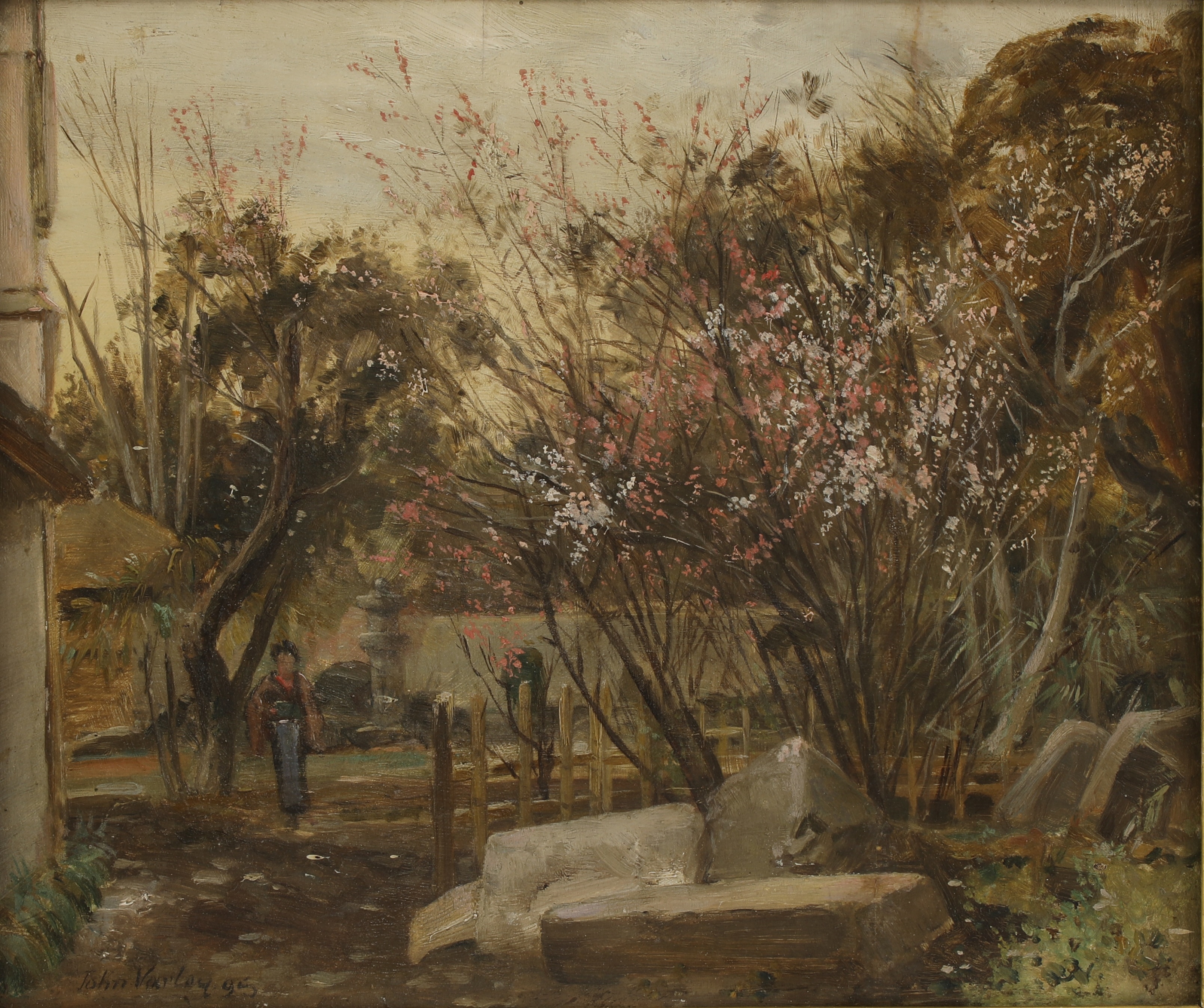 John Varley Jr. | A Japanese garden with a figure and cherry blossom ...