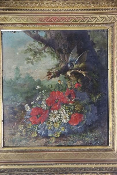 Felix Thomas | Bouquet of flowers and bluebird (1879) | MutualArt