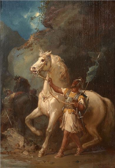 François-Louis Lanfant | Lancier tenant un cheval gris par la bride ...