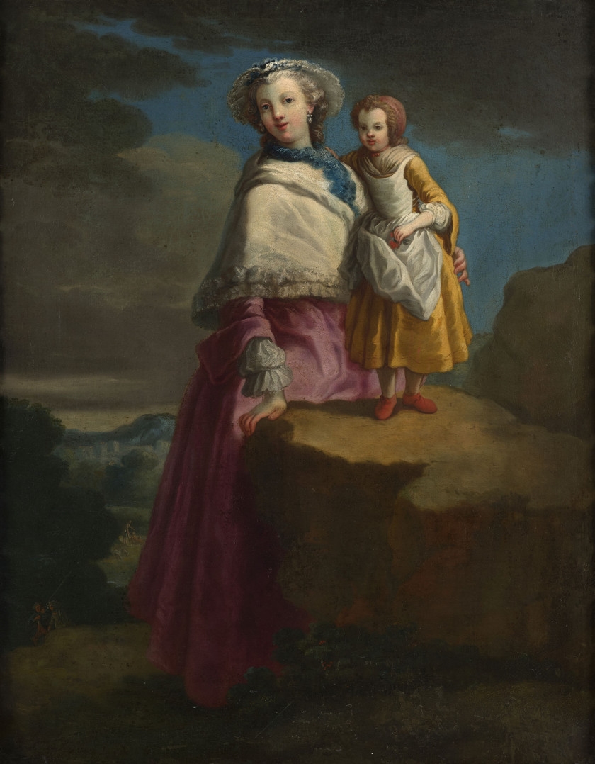 French School, 18th Century | Mère et sa fille debout sur un rocher et ...