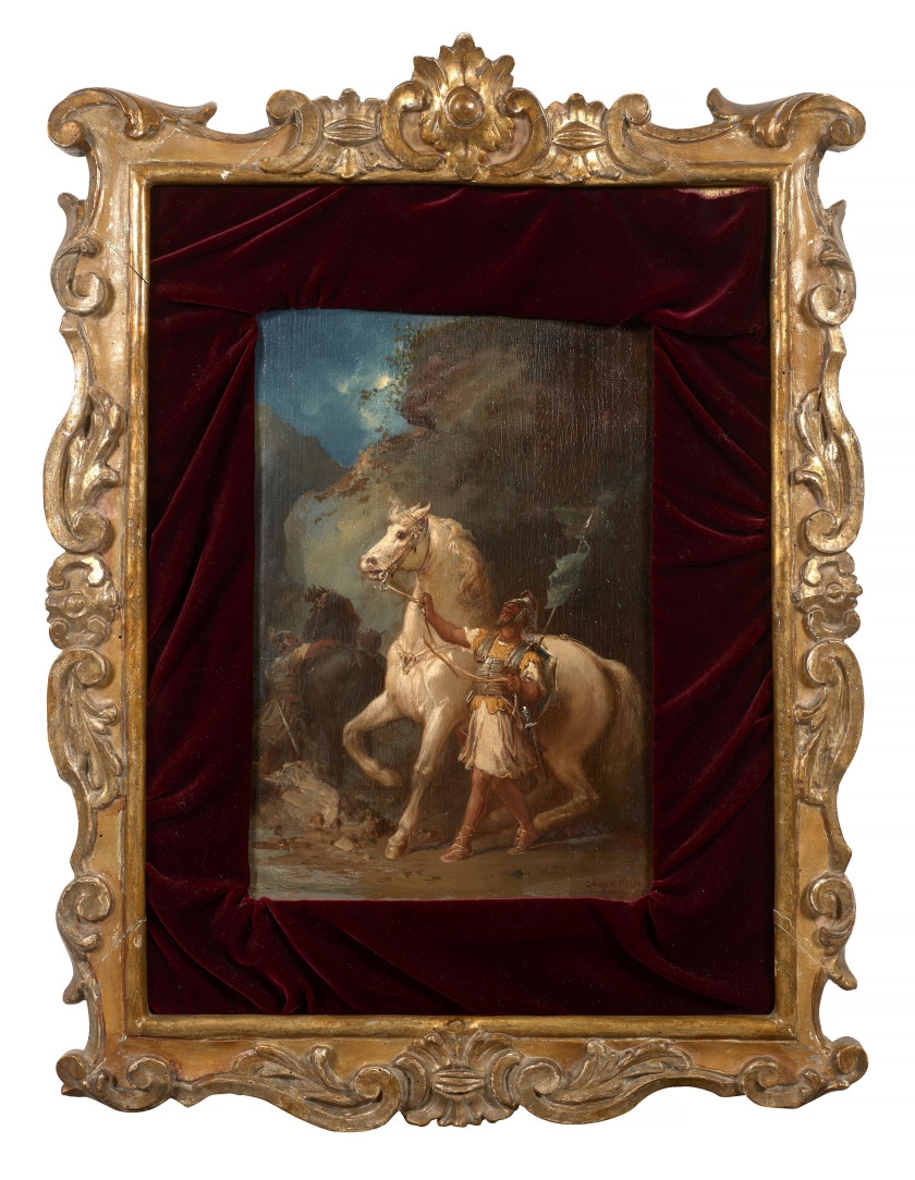 François-Louis Lanfant | Lancier tenant un cheval gris par la bride ...