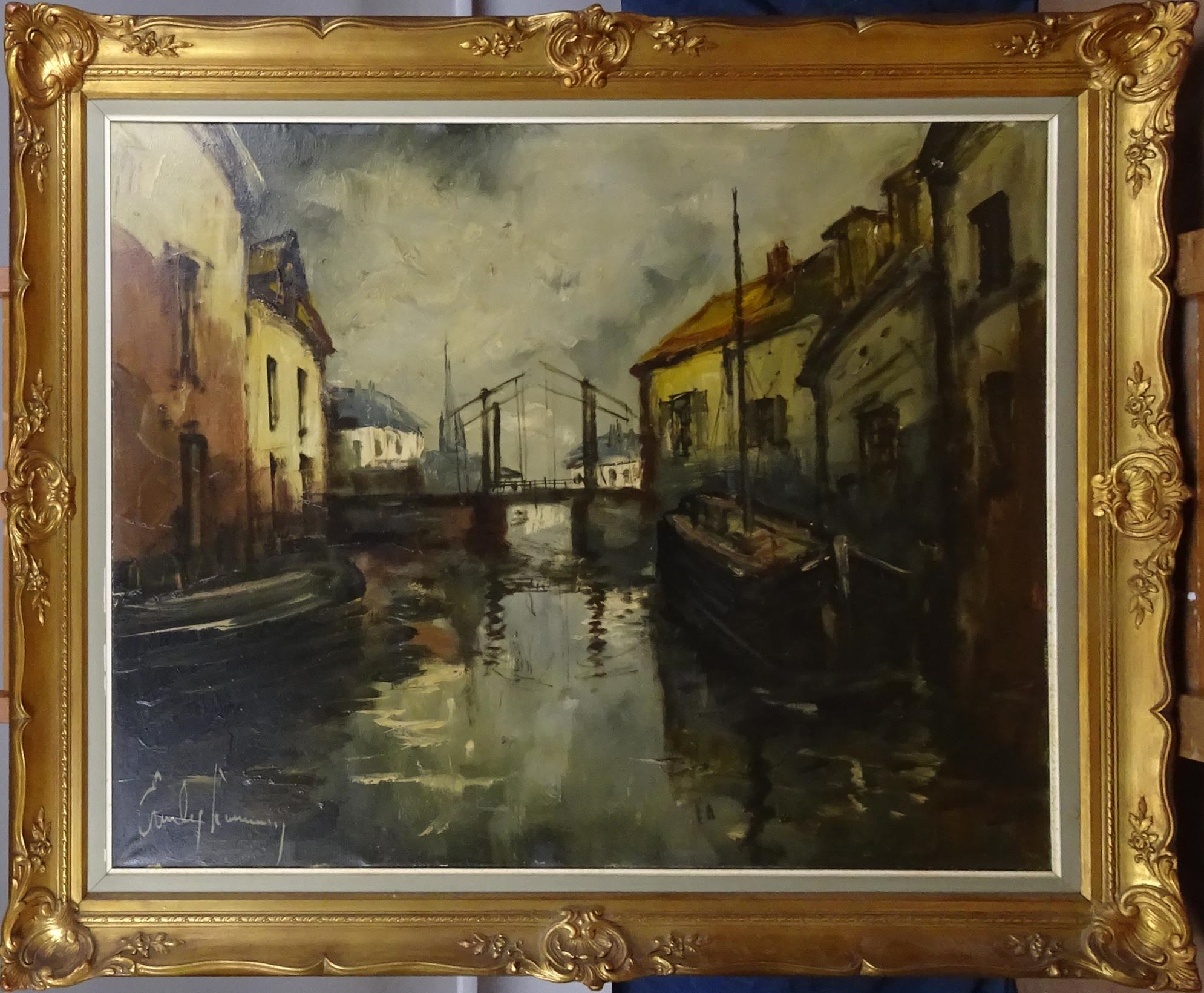 Emile Lammers | Péniches et pont sur un canal | MutualArt