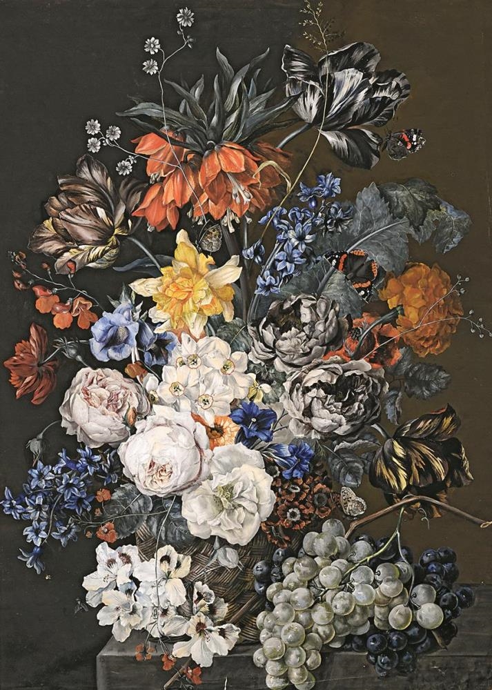 Joseph Nigg | Blumenstillleben mit Schmetterlingen und Trauben | MutualArt
